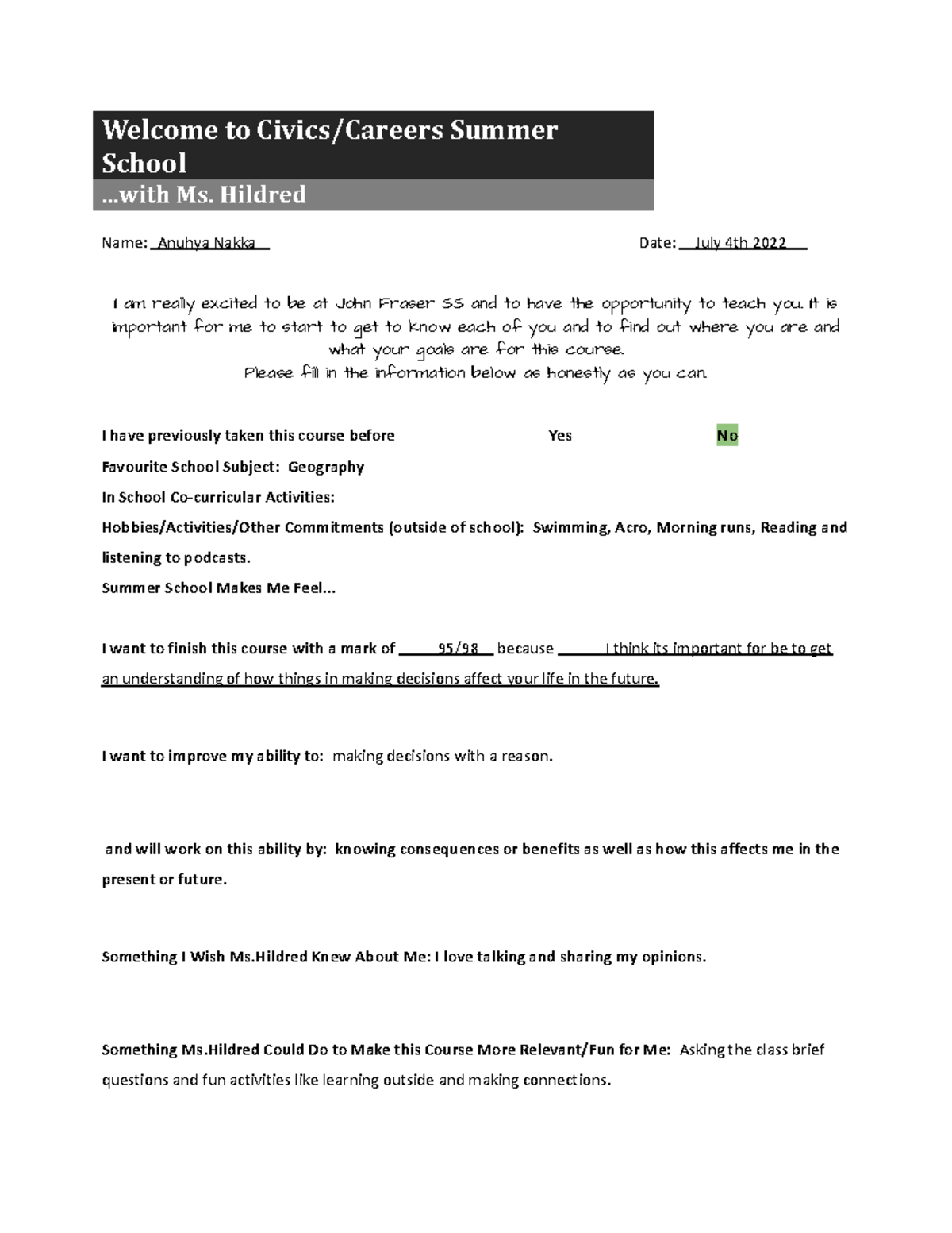 Welcome Bio for Summer School - Ms. Hildred's Class - Studocu