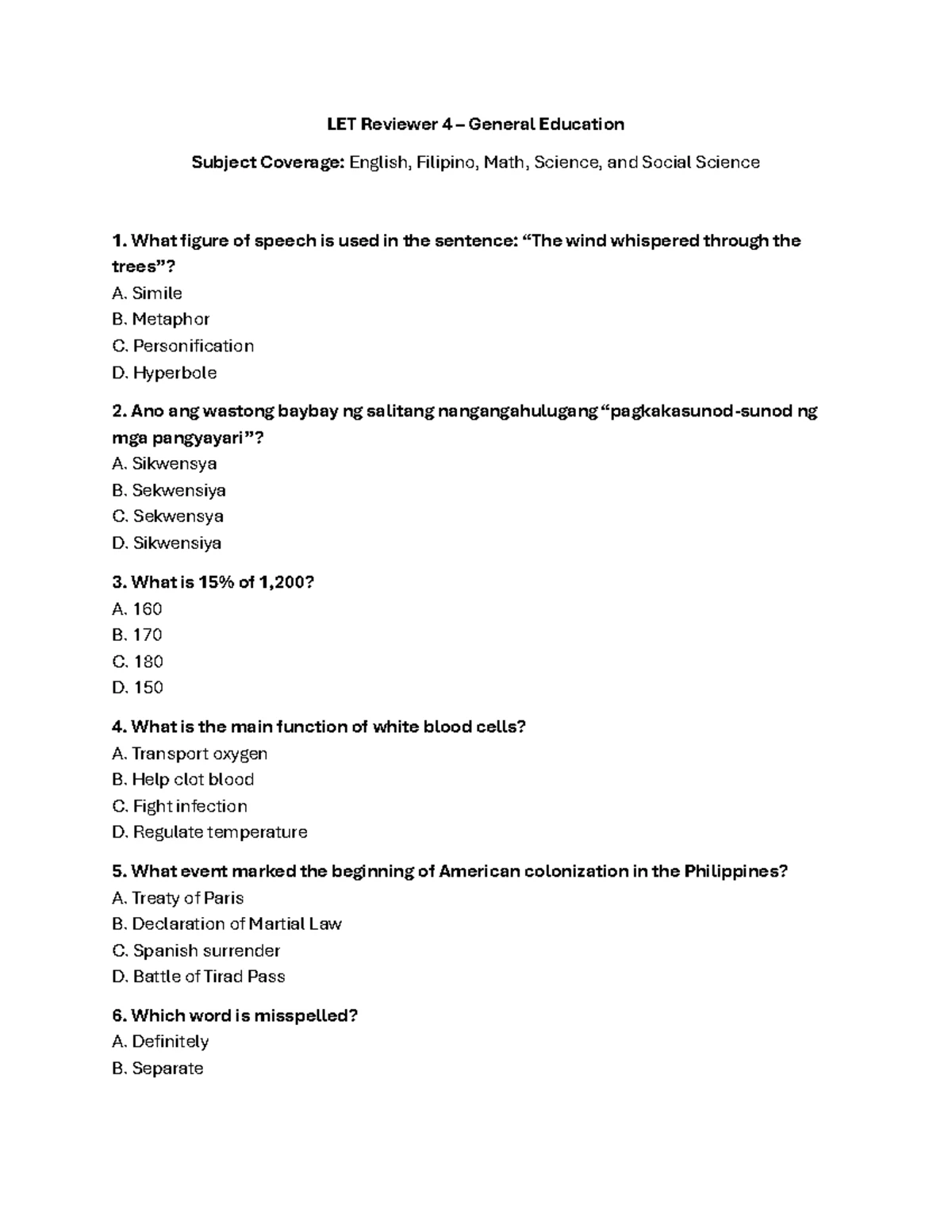 LET Reviewer 6: General Education Coverage in English, Filipino, Math ...
