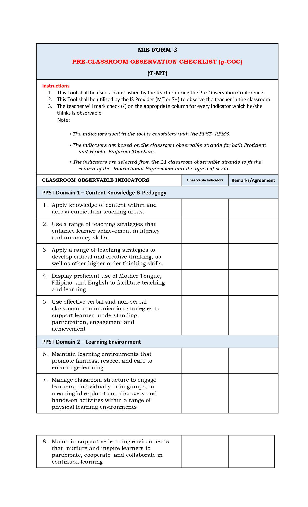 MIS FORM 3: Pre-Observation Classroom Checklist (T-MT) - Studocu