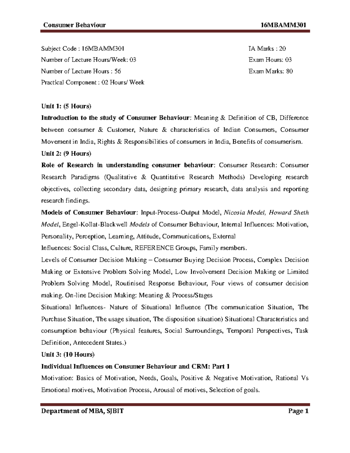 MBA-III Consumer Behavior [16MBAMM301] - Detailed Study Notes - Studocu