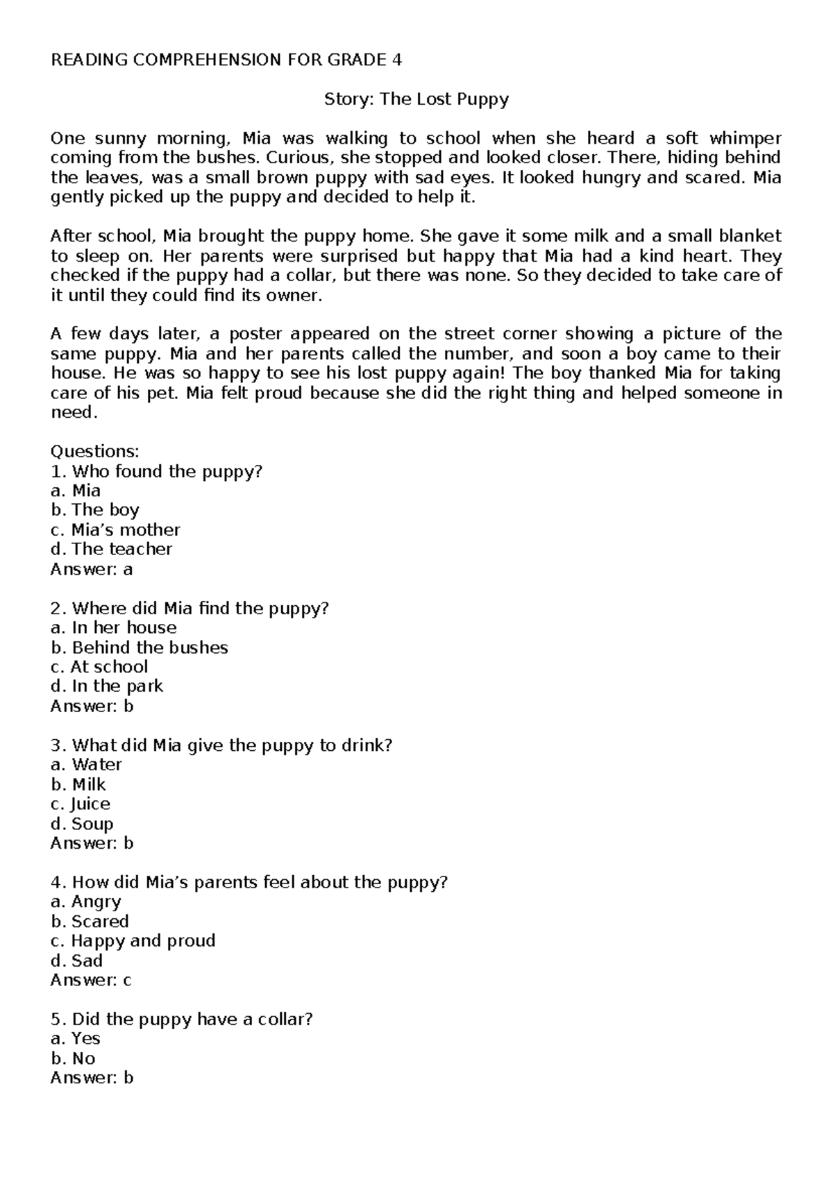 Grade 4 Reading Comprehension: The Lost Puppy Story & Questions - Studocu