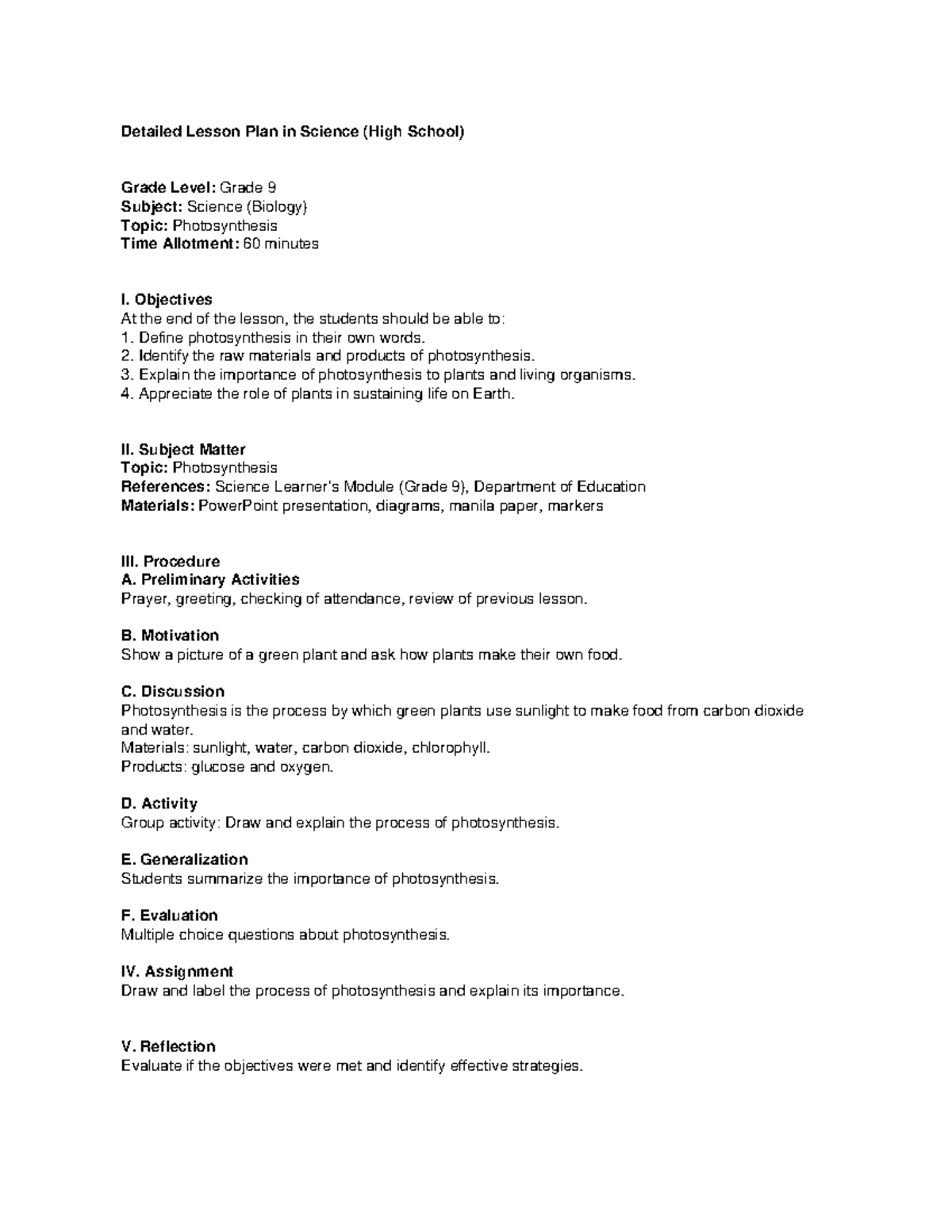 Grade 9 Science Lesson Plan: Photosynthesis Overview - Studocu