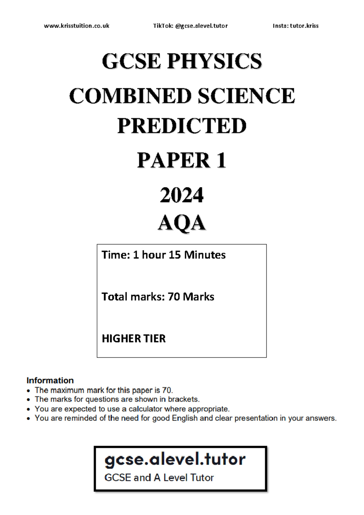AQA Combined Science Physics Paper 1 (H) - 2024 Predicted Questions - Studocu