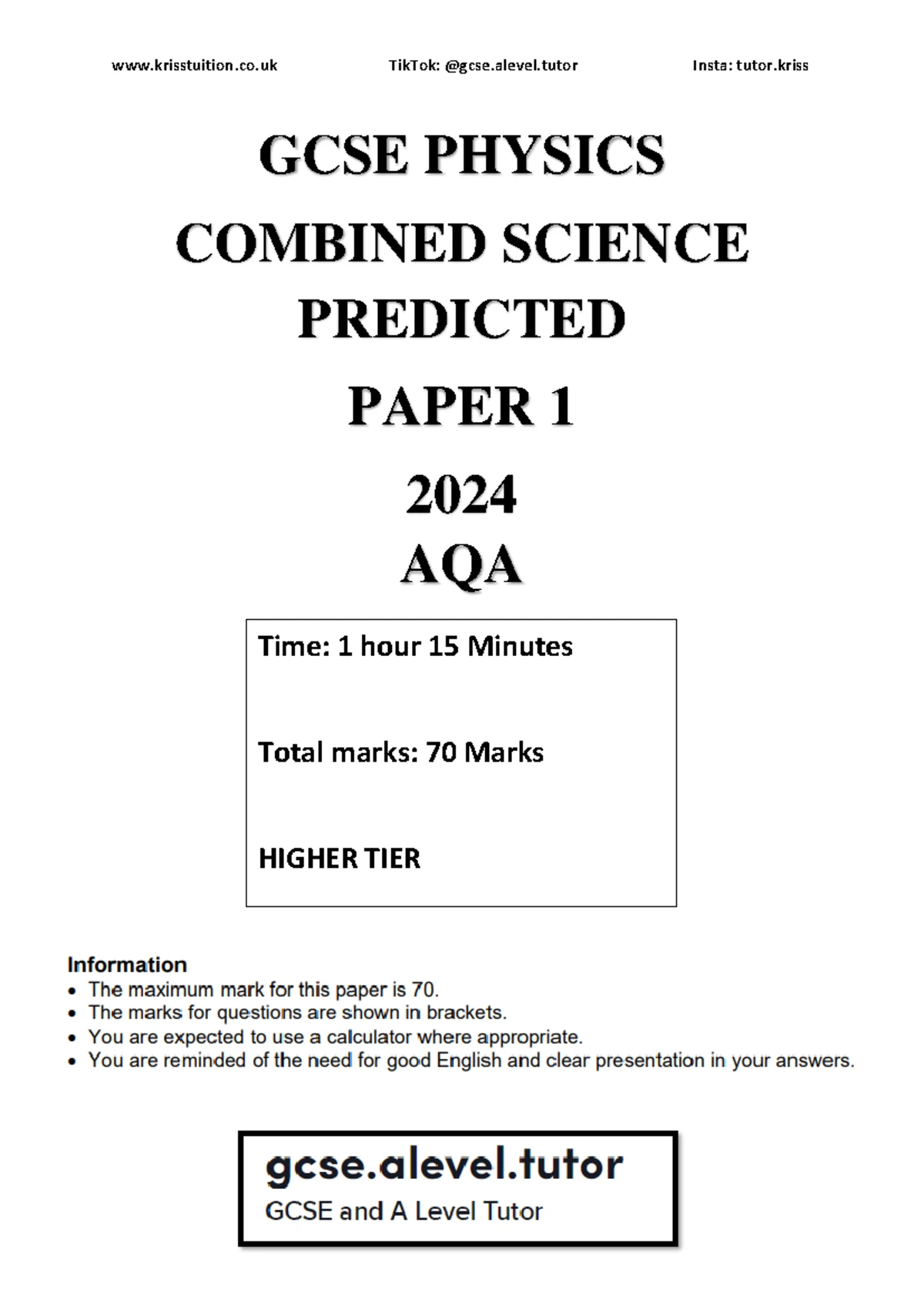AQA GCSE 8464/P/1H Physics Higher Paper 1 June 2022 Mark Scheme - Studocu