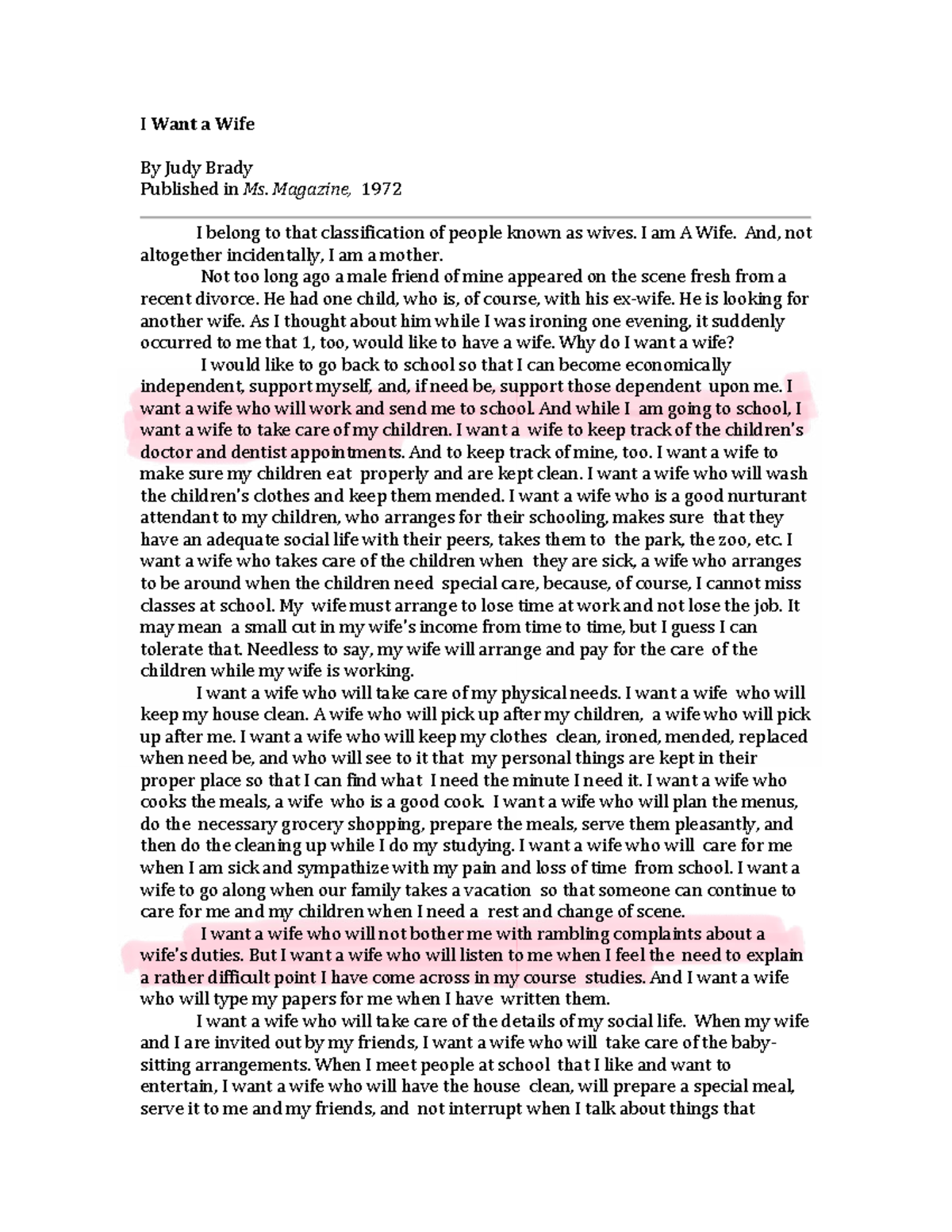 I Want a Wife: A Critical Analysis of Judy Brady's Essay - Studocu