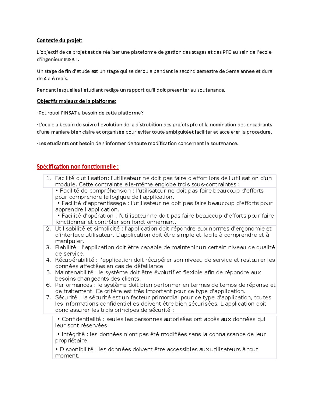 Cahier de charge pour la Plateforme de Gestion des Stages - INSAT - Studocu