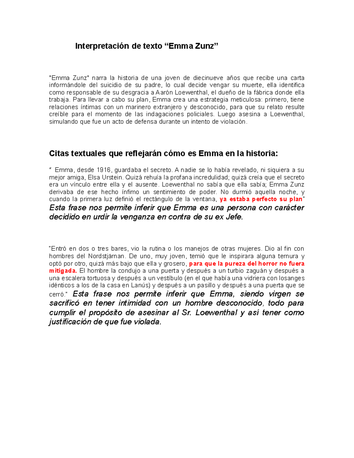 Tarea DE Comprension- Texto EMMA ZUNZ - Interpretación de texto “Emma ...