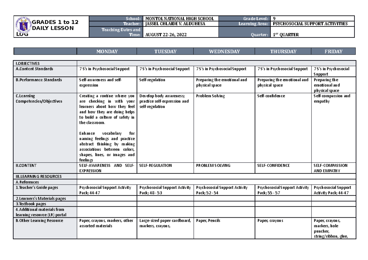 Q1 W1 Psychosocial WLP - DLL - GRADES 1 to 12 DAILY LESSON LOG School ...