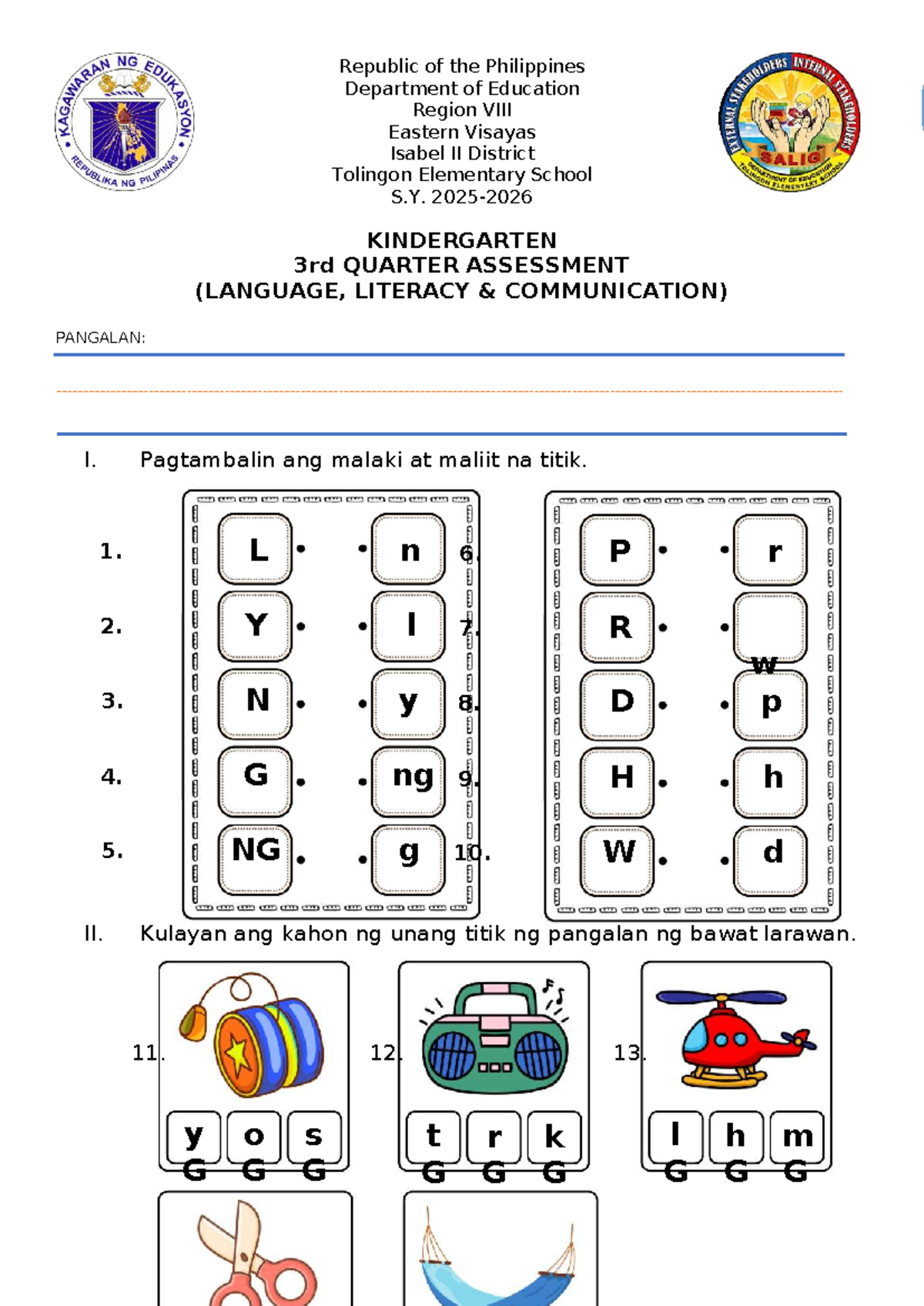 Q3 Assessment: Language, Literacy & Communication (KINDERGARTEN) - Studocu