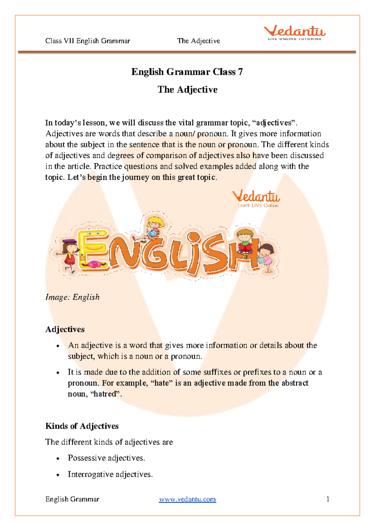 Class VII English Grammar: Understanding Adjectives and Their Types ...