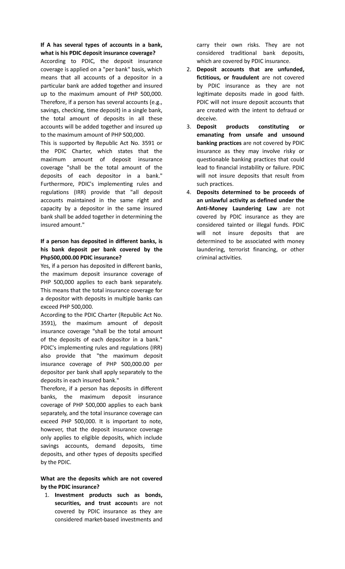 RFLB Discussion Questions on PDIC Deposit Insurance Coverage - Studocu