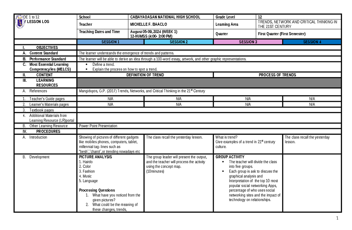 DLL - Trends (WEEK 1) - DLL - GRADE 1 to 12 DAILY LESSON LOG School ...