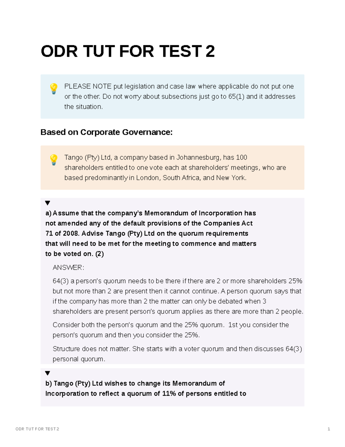 TUT Answers - ODR TUT FOR TEST 2 1 ODR TUT FOR TEST 2 💡 PLEASE NOTE put ...