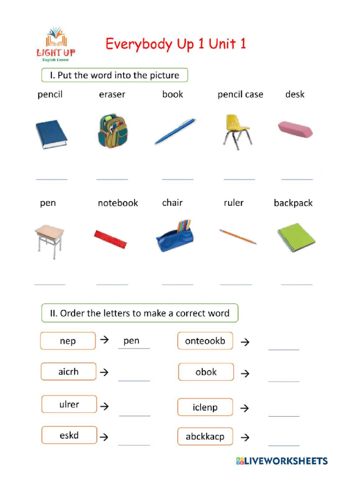 Everybody Up 1: Unit 1 Vocabulary and Letter Ordering Activities - Studocu