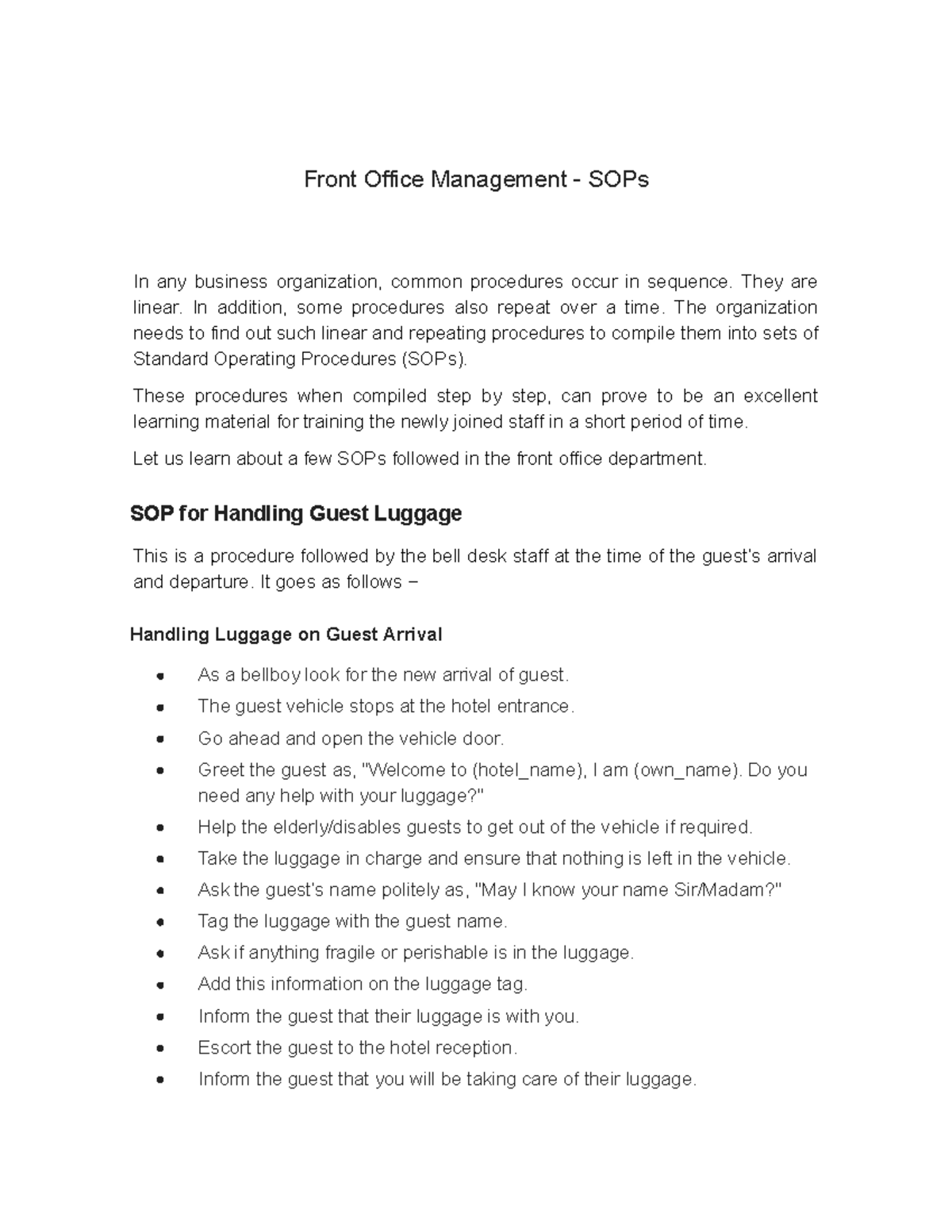 Front Office Management - SOPs - They areIn any business organization ...