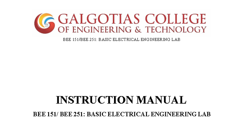 BEE 251: Basic Electrical Engineering Lab Instruction Manual - Studocu