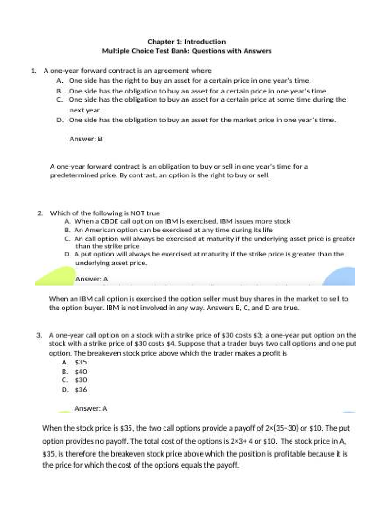 Chapter 1: Intro to Forward Contracts & Options MCQ Test Bank - Studocu