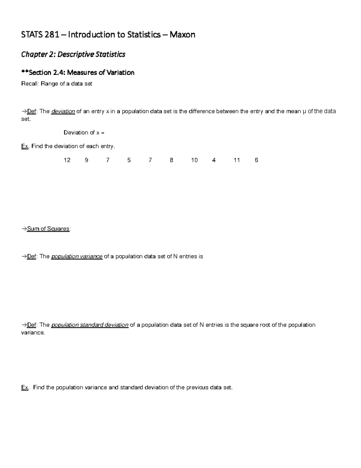 STATS 281: Chapter 2 Notes on Descriptive Statistics & Variation - Studocu