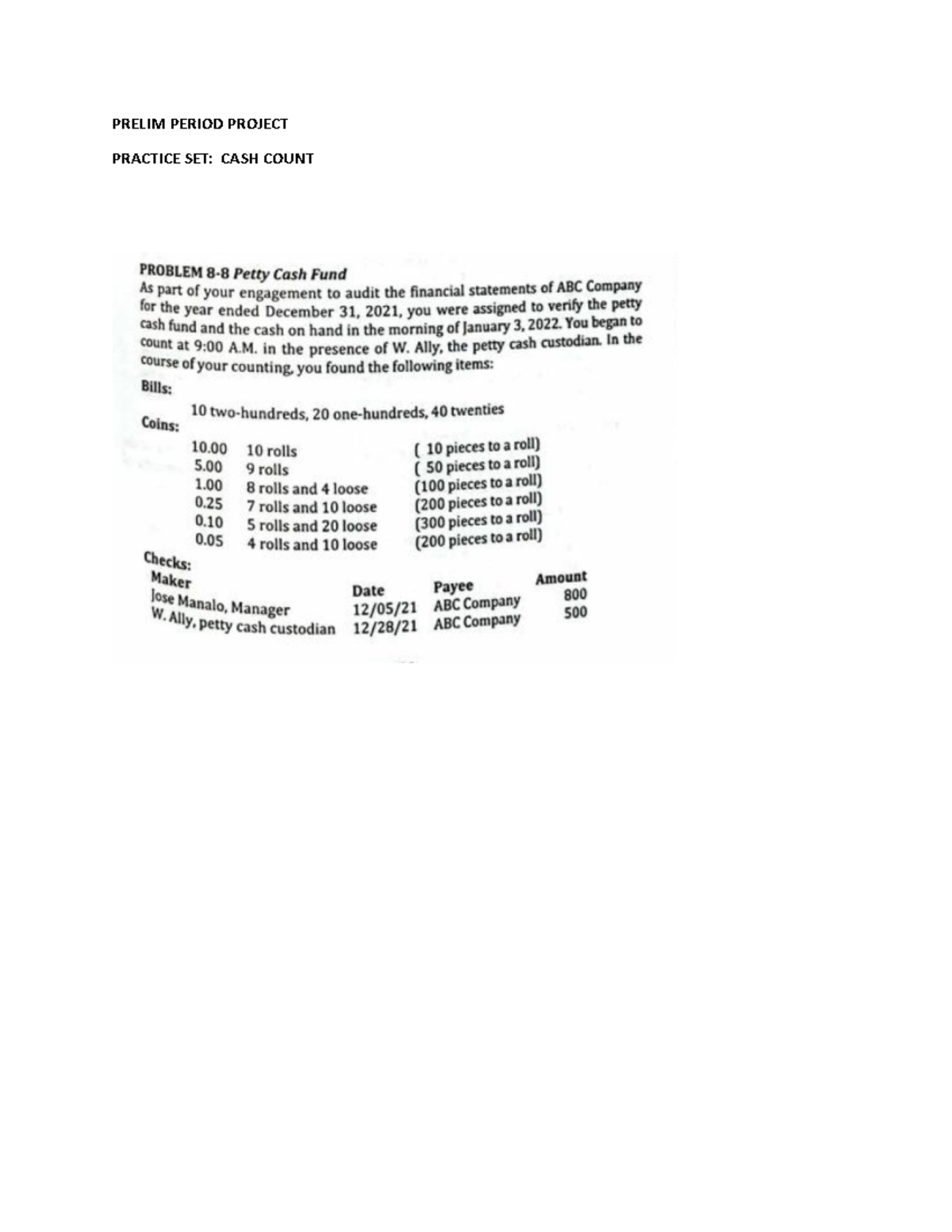 Audit Practice Set: Cash Count Project (PRELIM) - Studocu