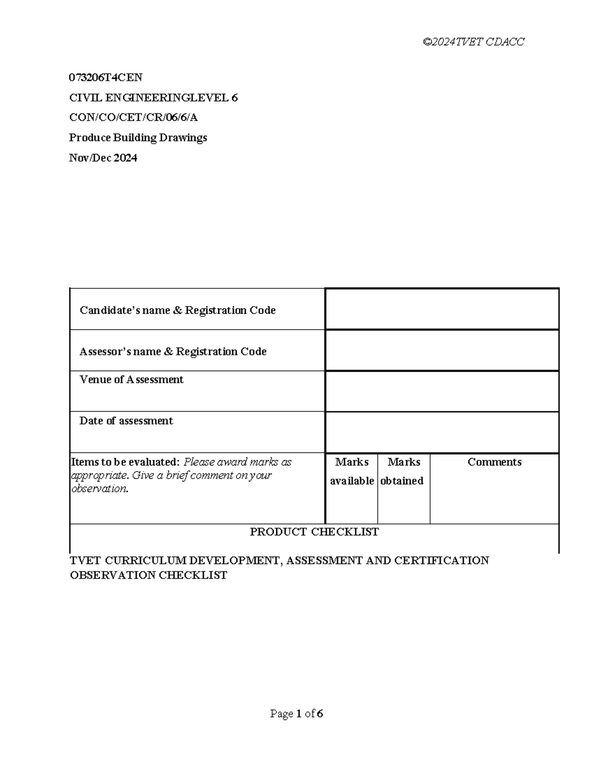 CDACC 073206T4CEN Civil Engineering Level 6 Building Drawings Checklist ...