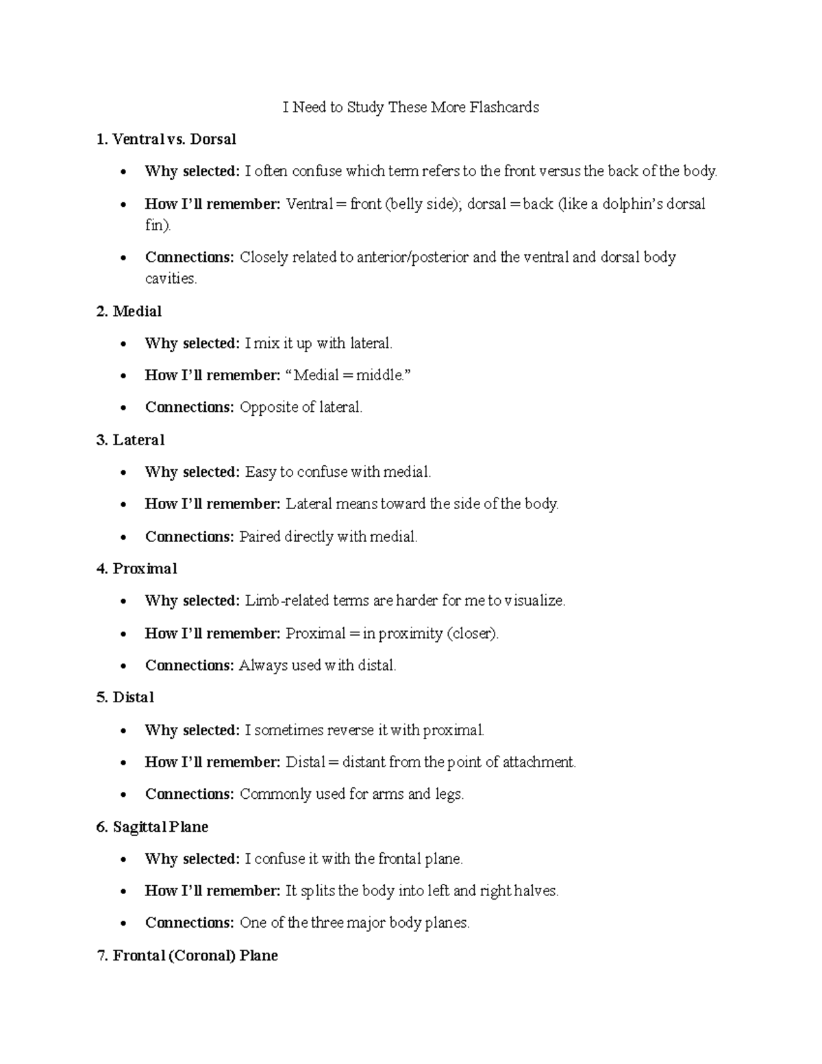 Anatomy Flashcards: Ventral, Dorsal, Medial, Lateral, Proximal, Distal ...