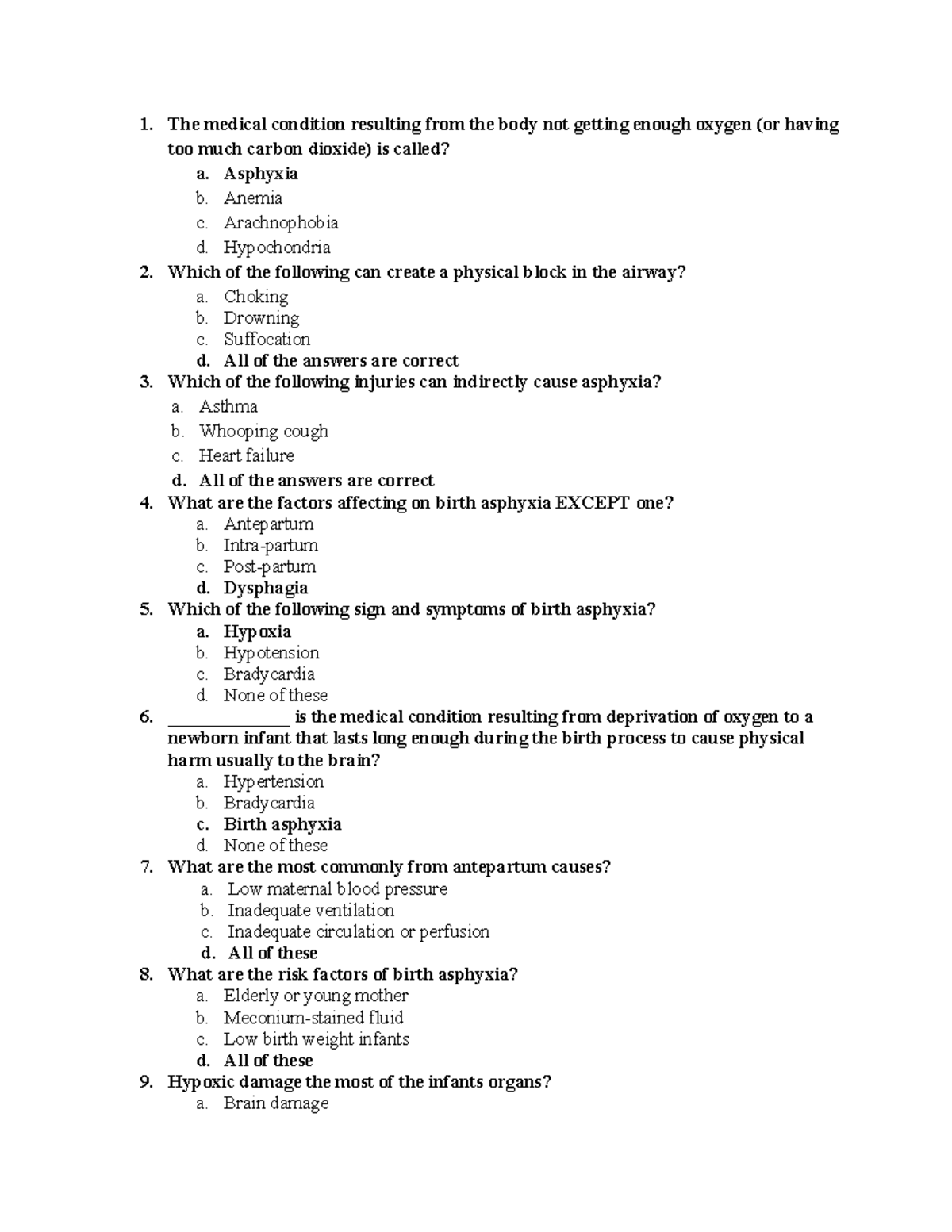 PAEDS - MCQs on Birth Asphyxia, Pneumonia & Otitis Externa - Studocu