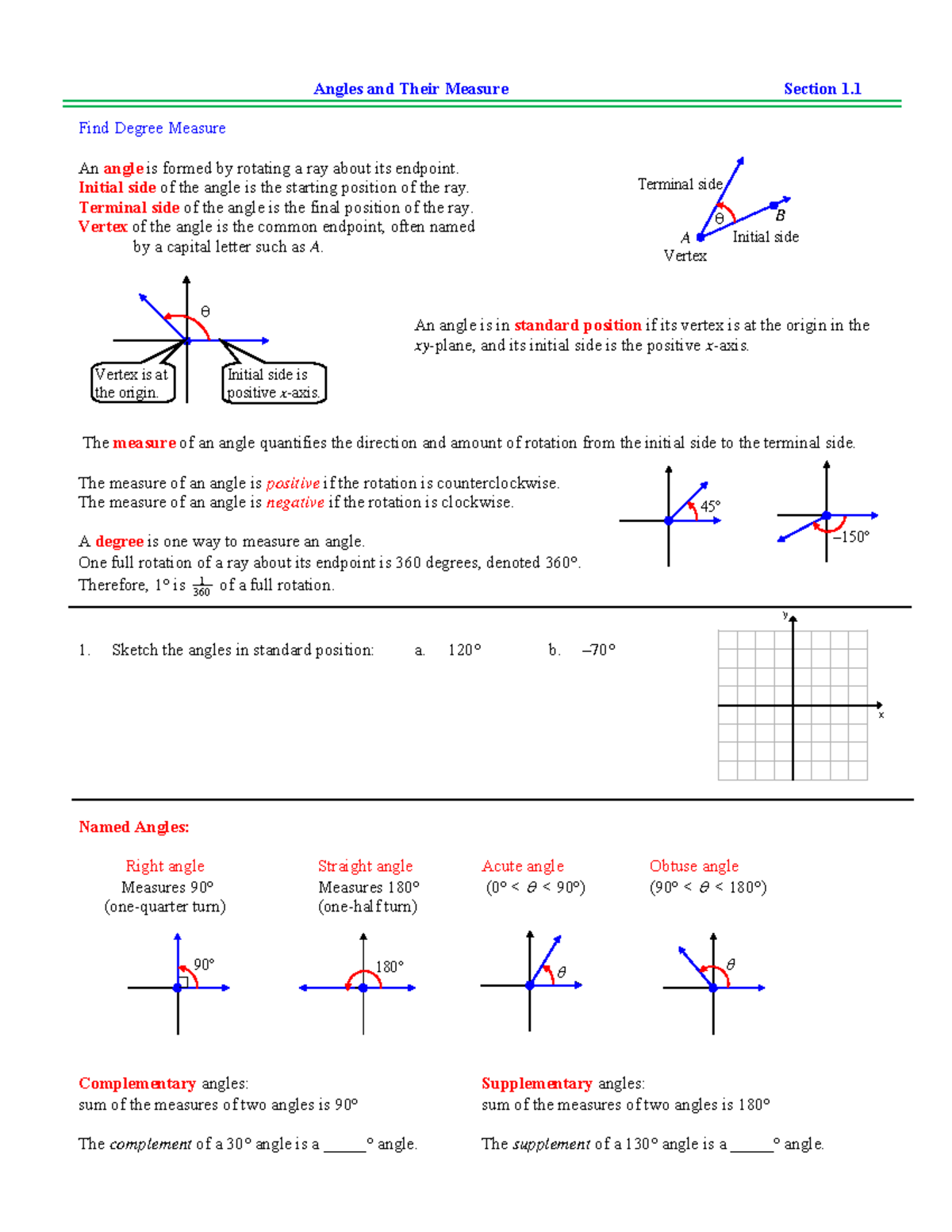 Trig - Sections 1.1 Angles and Their Measures - x y Angles and Their ...