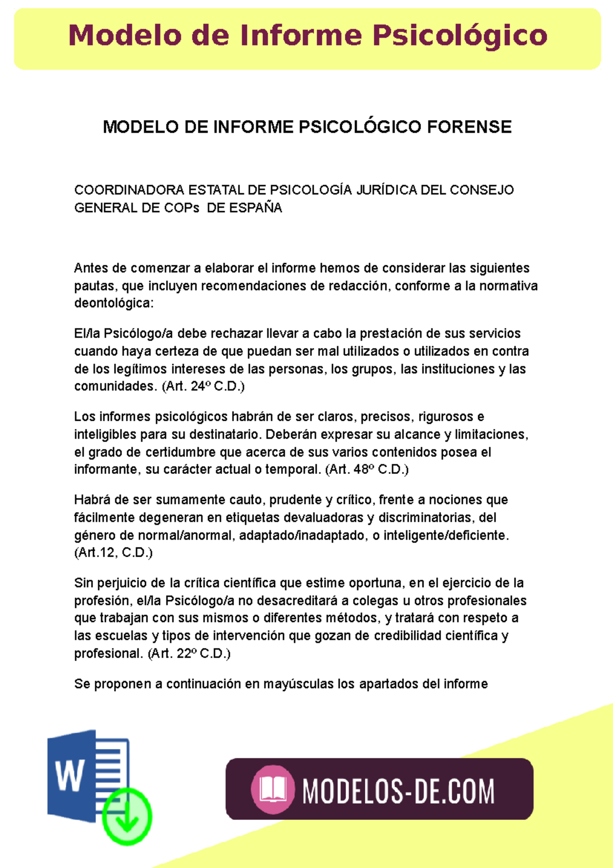Modelo de Informe Psicológico - MODELO DE INFORME PSICOLÓGICO FORENSE COORDINADORA ESTATAL DE ...