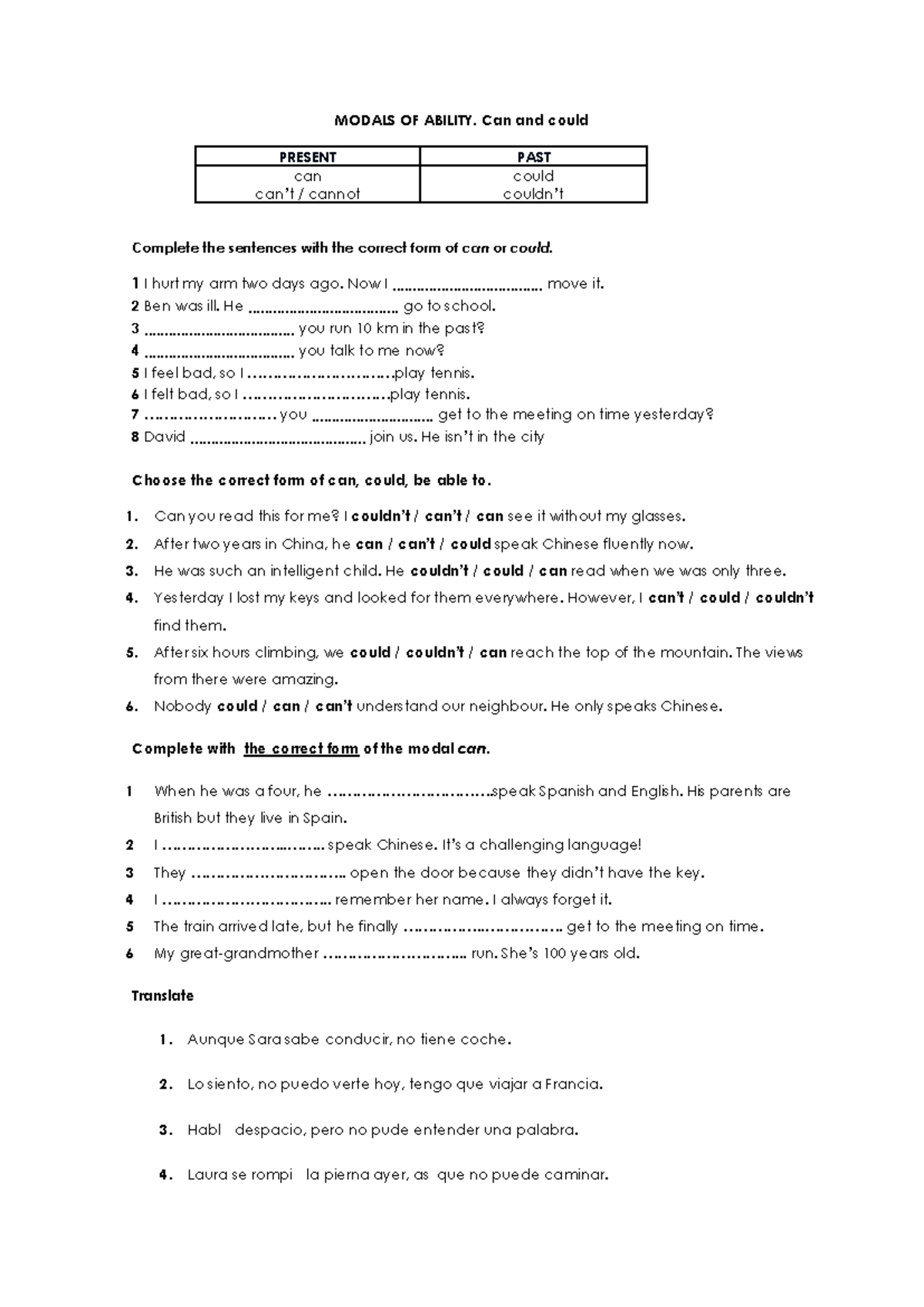 Modals of Ability: Can and Could Exercises and Practice - Studocu