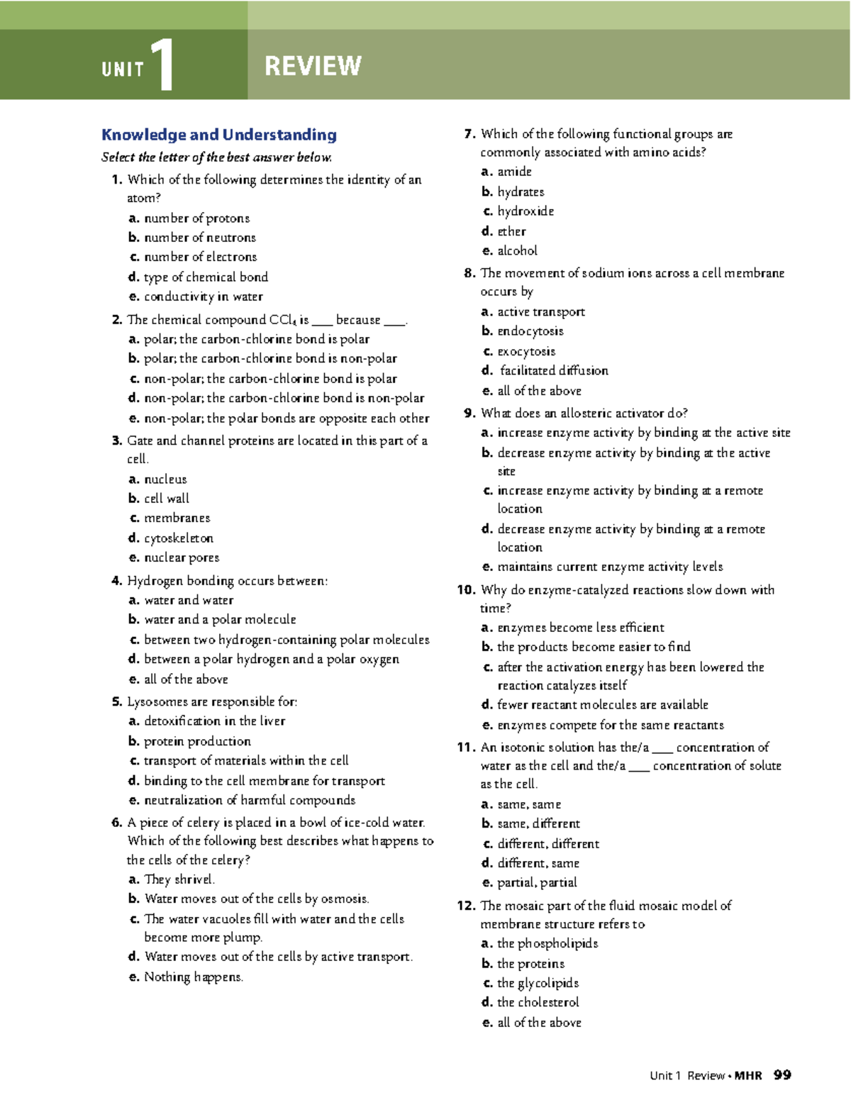 Unit 1 Review: Knowledge and Understanding for Chapter 2 Biology - Studocu