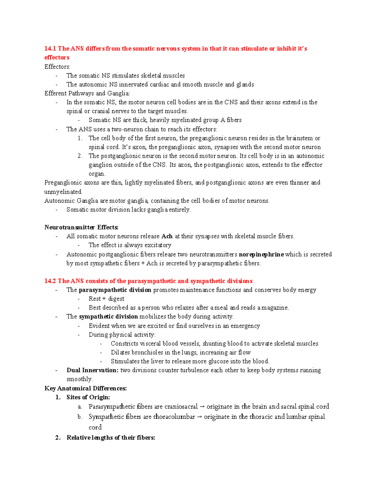 Chapter 14: Overview of the Autonomic Nervous System (ANS) - Studocu