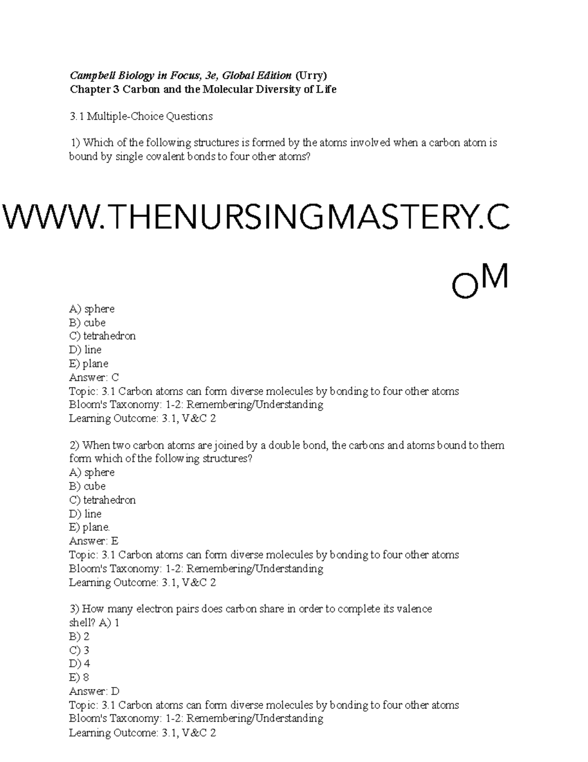 Chapter 3 Test Bank: Mastering Carbon and Molecular Diversity in ...