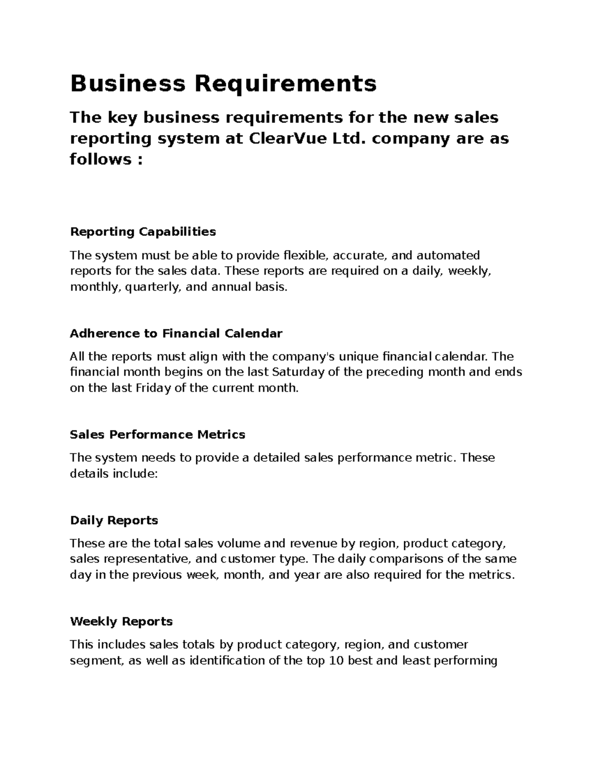Business Requirements for Sales Reporting System at ClearVue Ltd. - Studocu