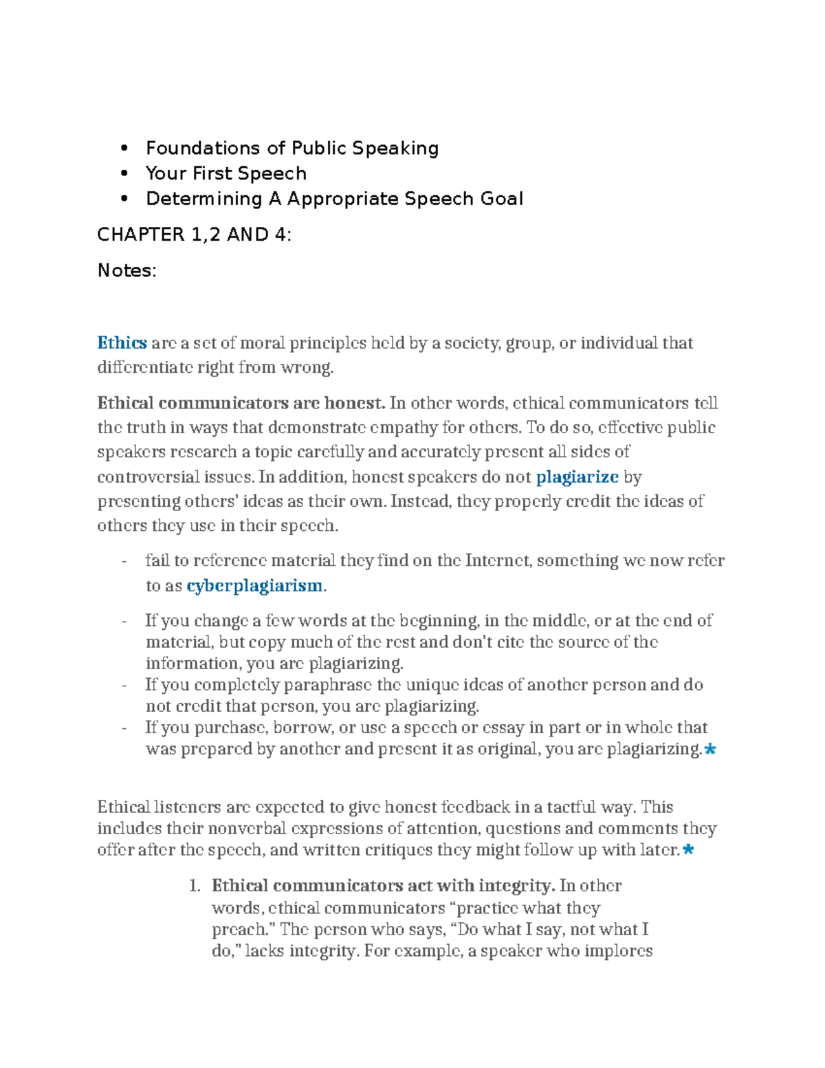 COMS Chapter 1 Notes - Foundations of Public Speaking Your First Speech ...