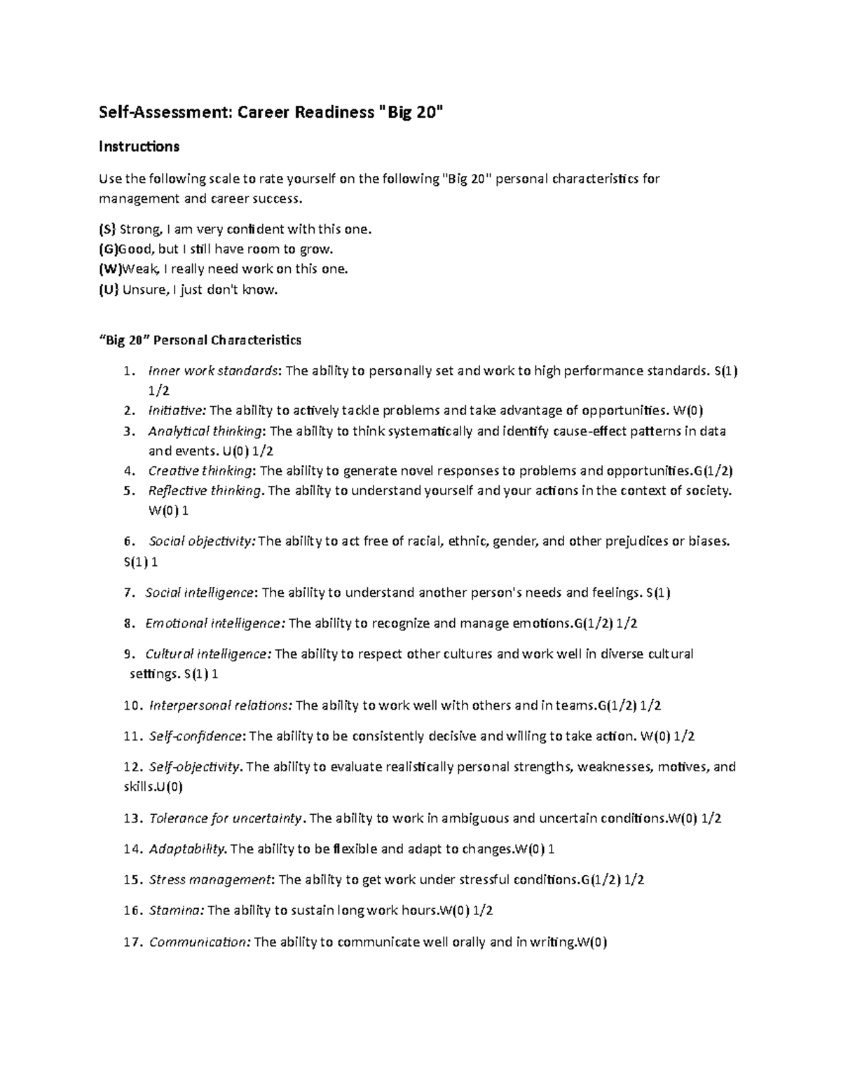 Career Readiness Self-Assessment - Self-Assessment: Career Readiness ...