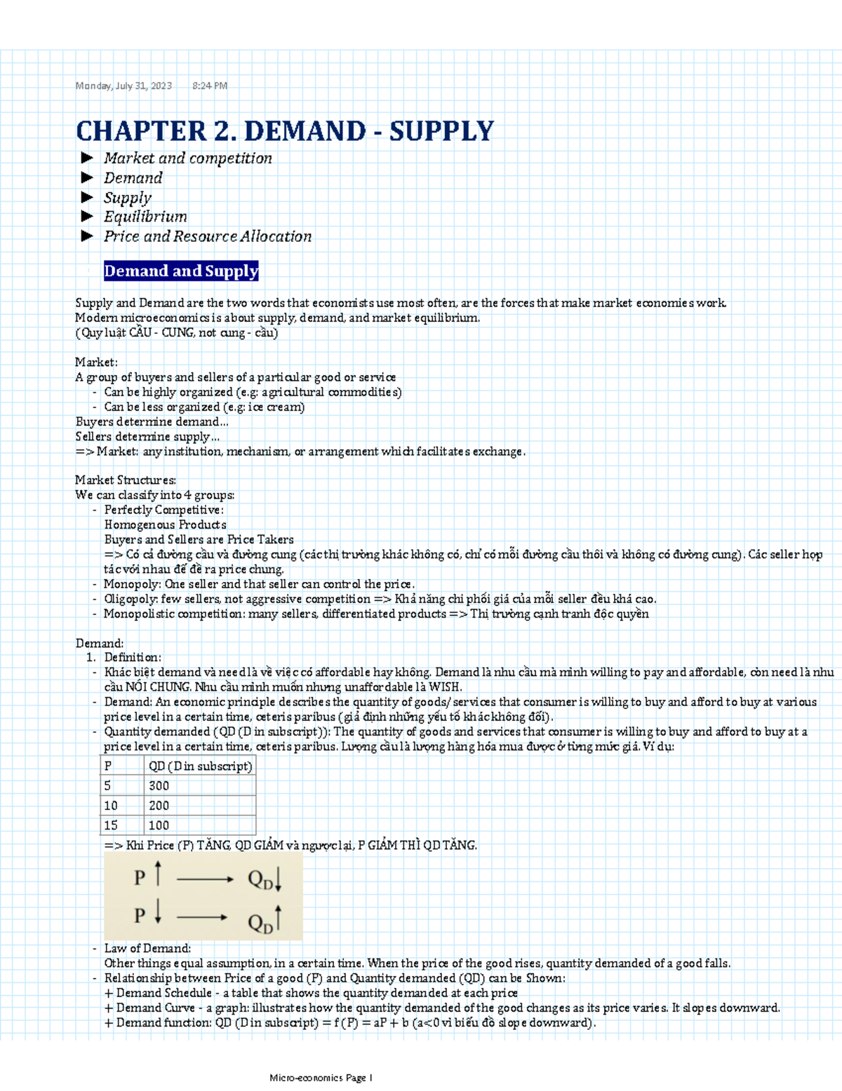 Microeconomics 101: Demand, Supply, and Market Equilibrium Notes - Studocu