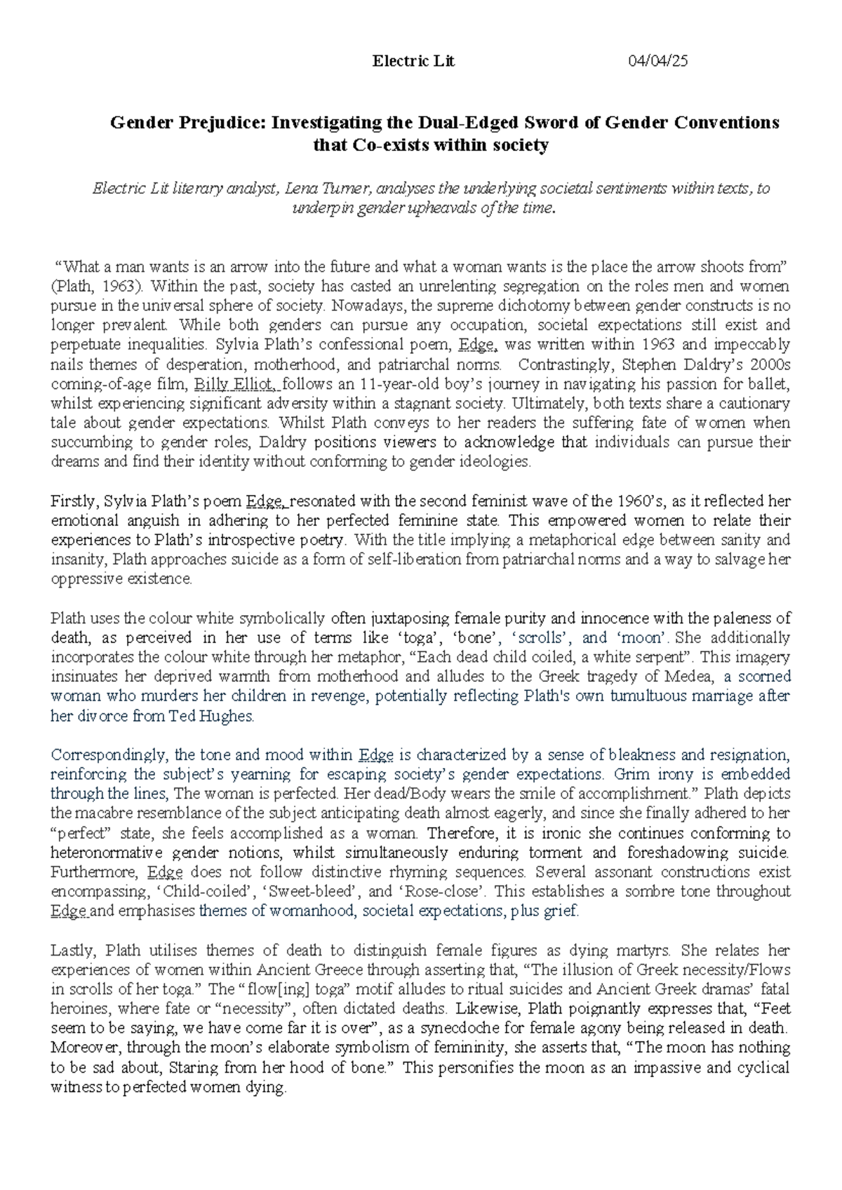 Literary Analysis: Gender Representation in Electric Lit (LENA) - Studocu