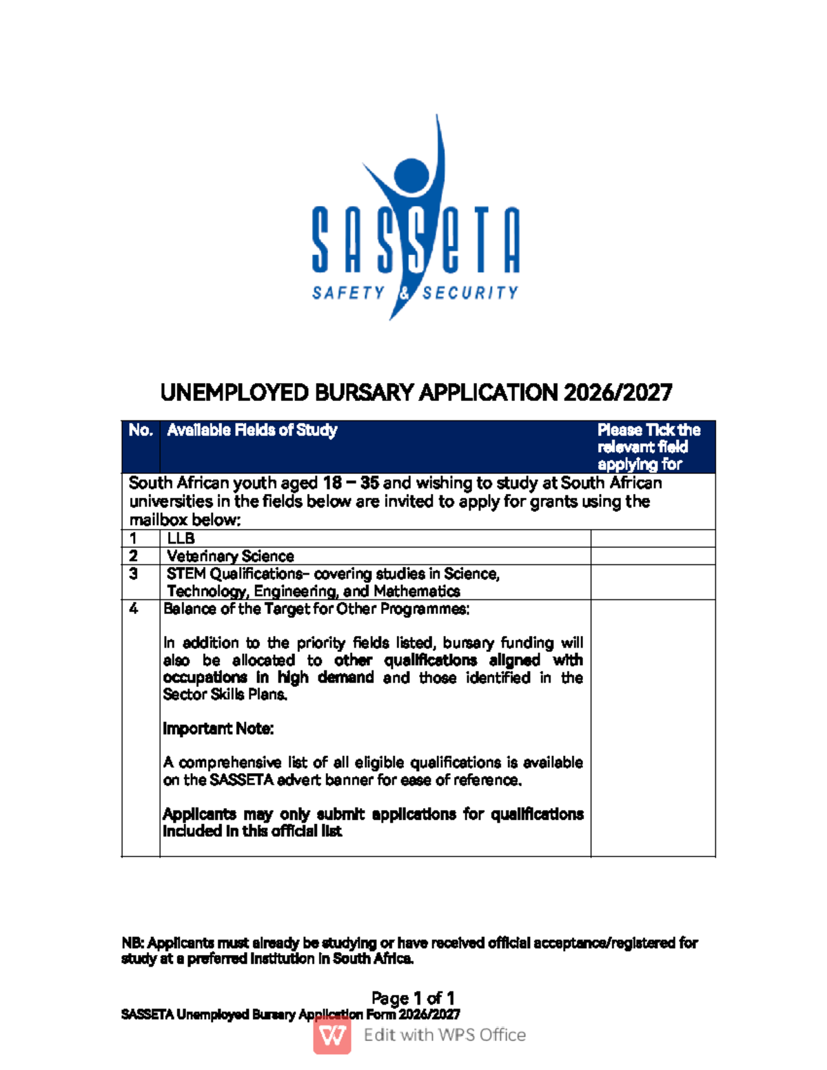 SASSETA 2026-2027 Unemployed Bursary Application Guide - Studocu