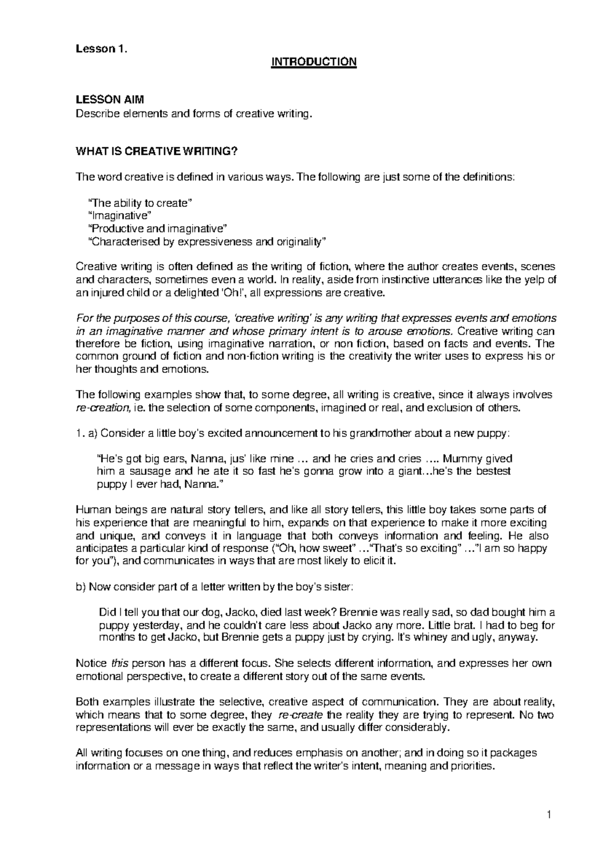 Creative writing - Lesson 1. INTRODUCTION LESSON AIM Describe elements ...
