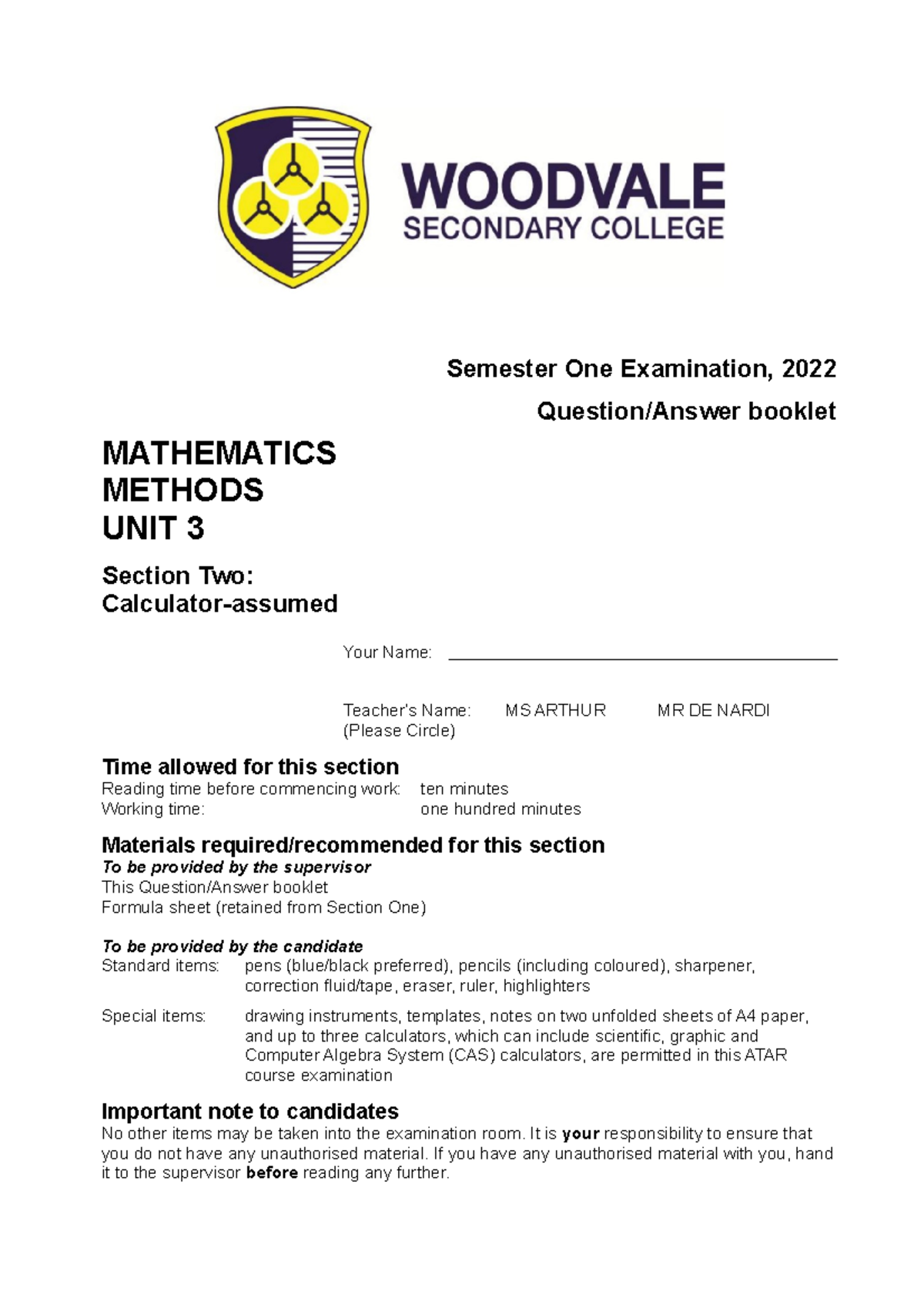 WAEP 2022 YR12 METH U3 S2 - Semester One Examination, 2022 Question ...
