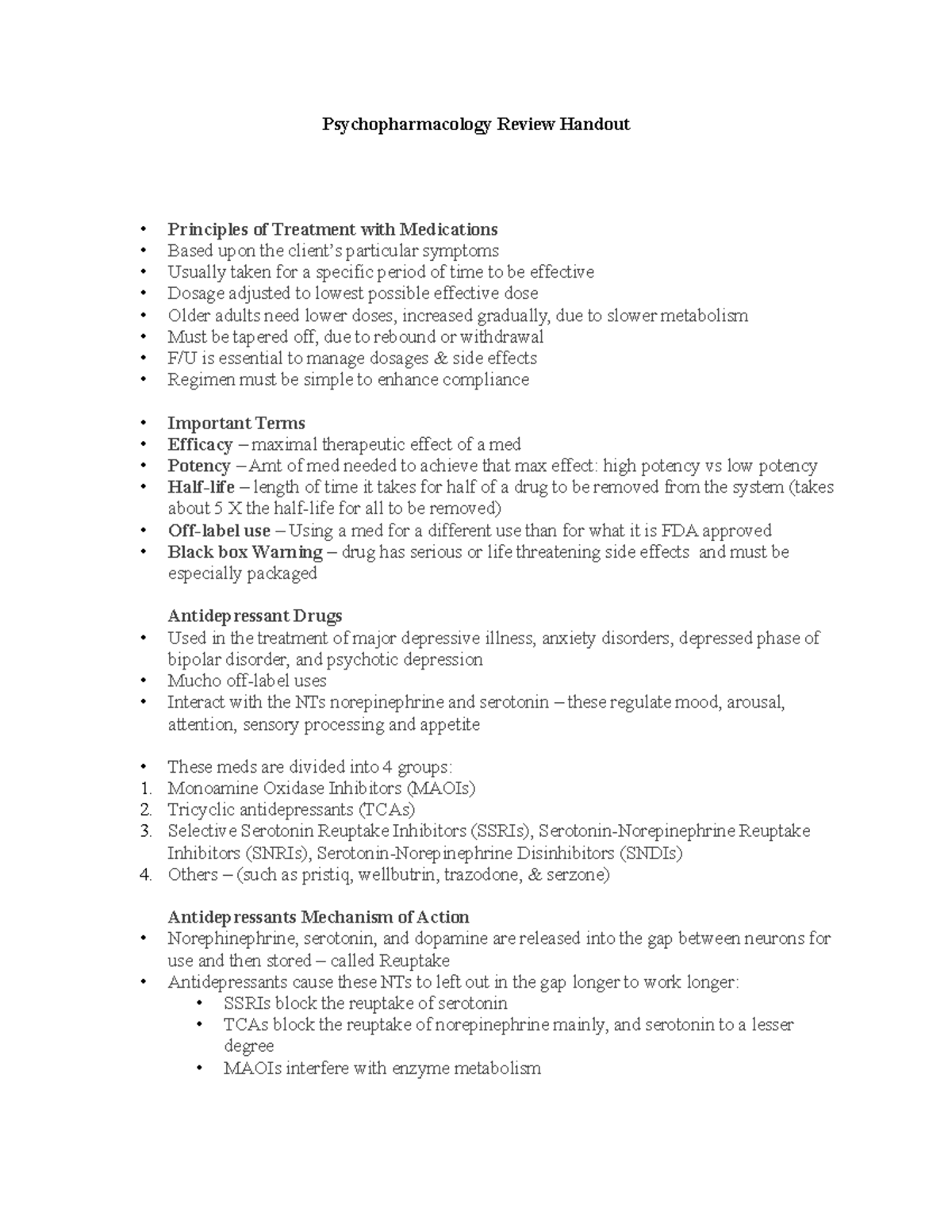 Psychopharmacology Handout - Psychopharmacology Review Handout ...