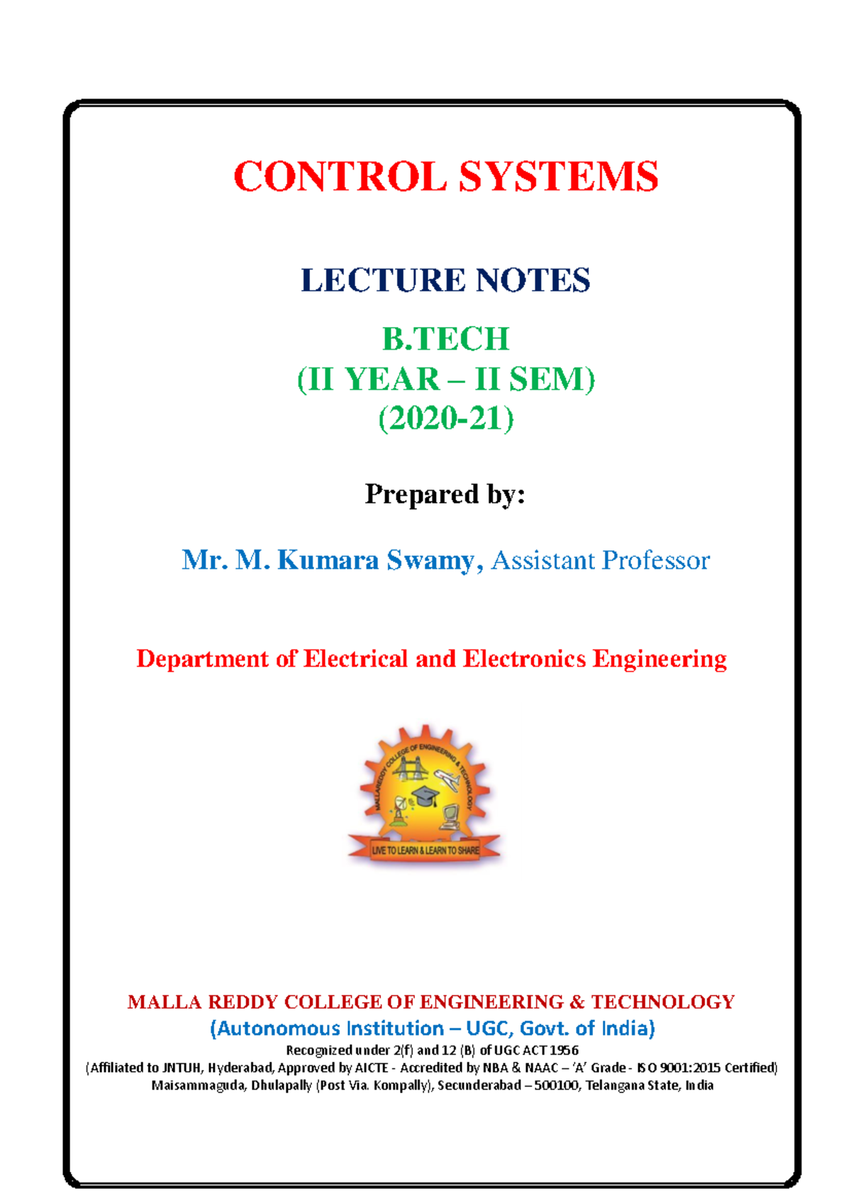 CONTROL SYSTEMS LECTURE NOTES B.TECH II YEAR II SEM - Studocu