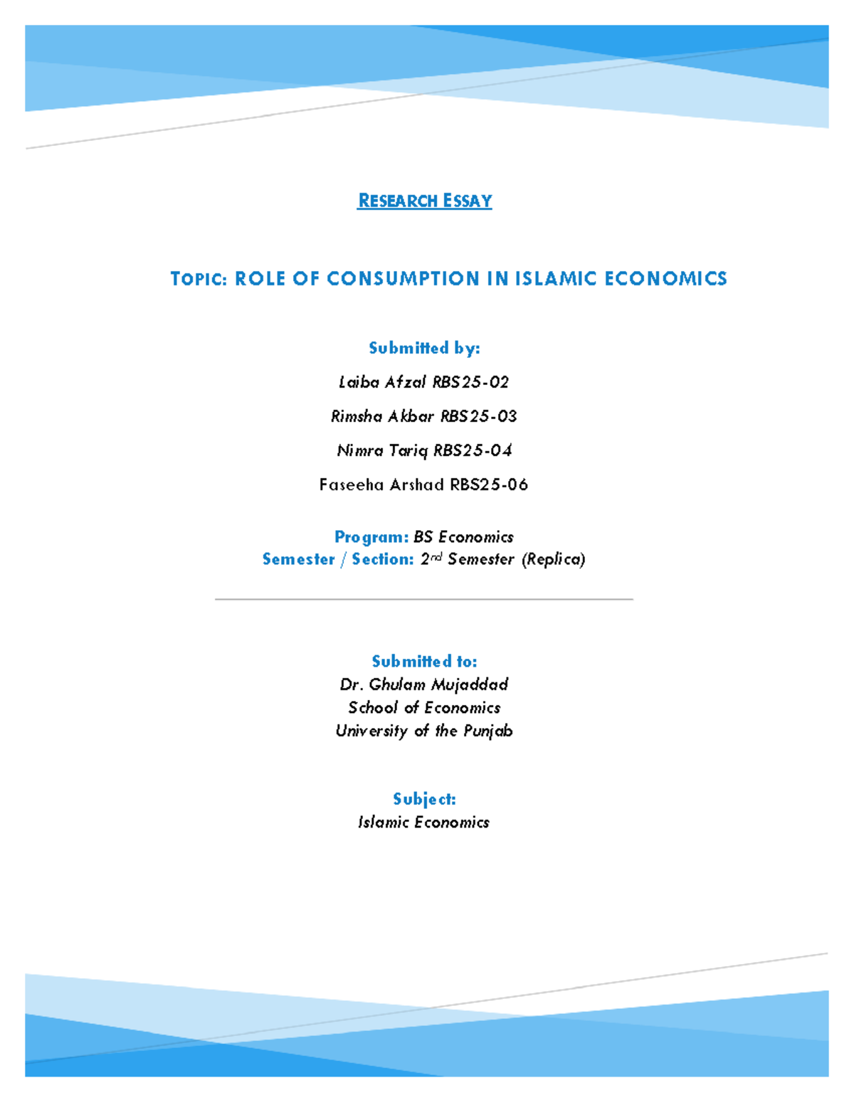 RESEARCH ESSAY: ROLE OF CONSUMPTION IN ISLAMIC ECONOMICS (BS ECO SEM 2 ...