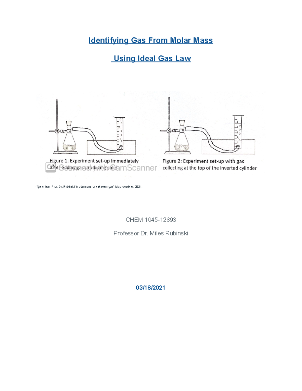CHEM 1045 - Formal Lab Report: Molar Mass of Unknown Gas - Studocu