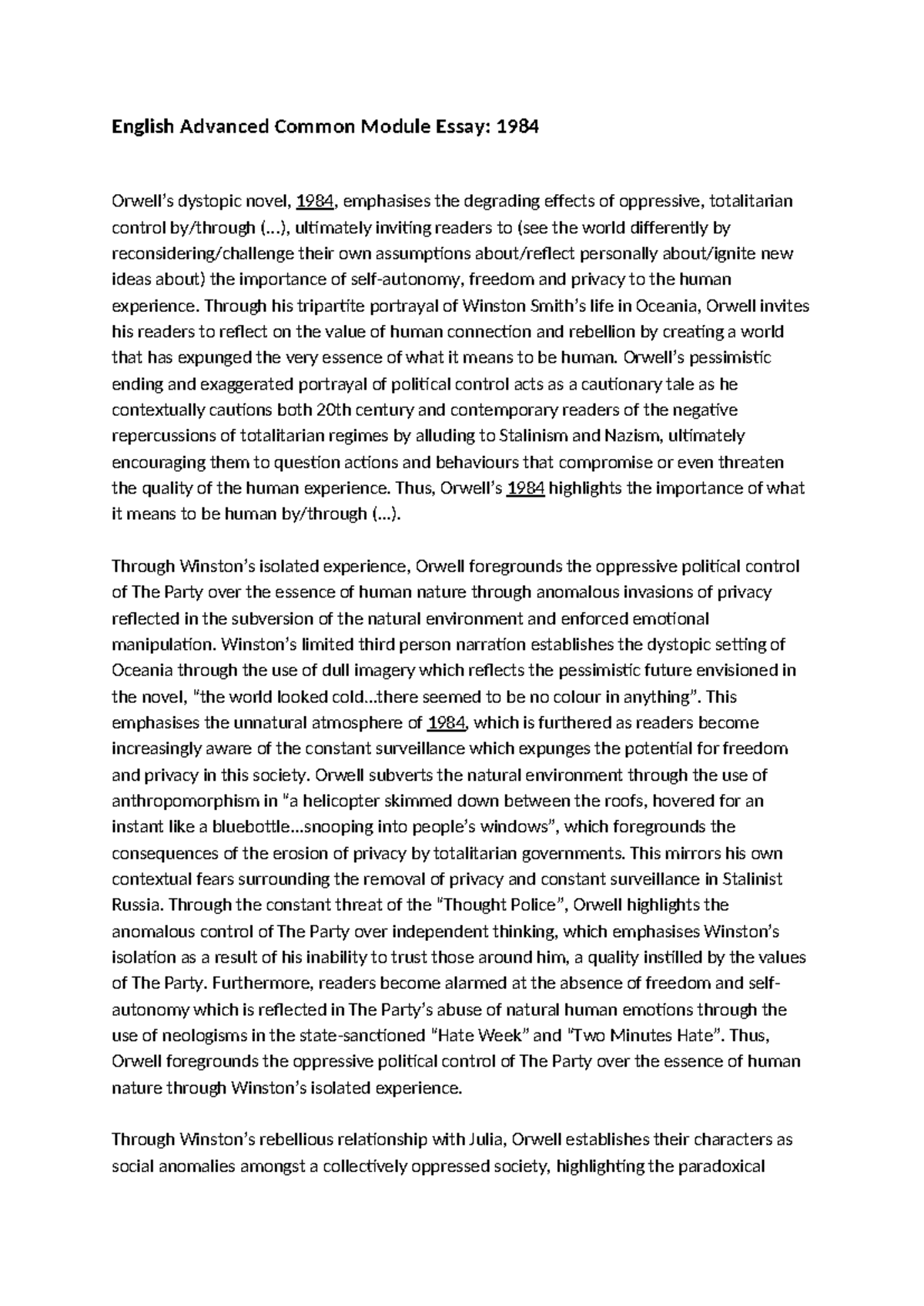 English Advanced: Common Module Essay on Orwell's 1984 Insights - Studocu