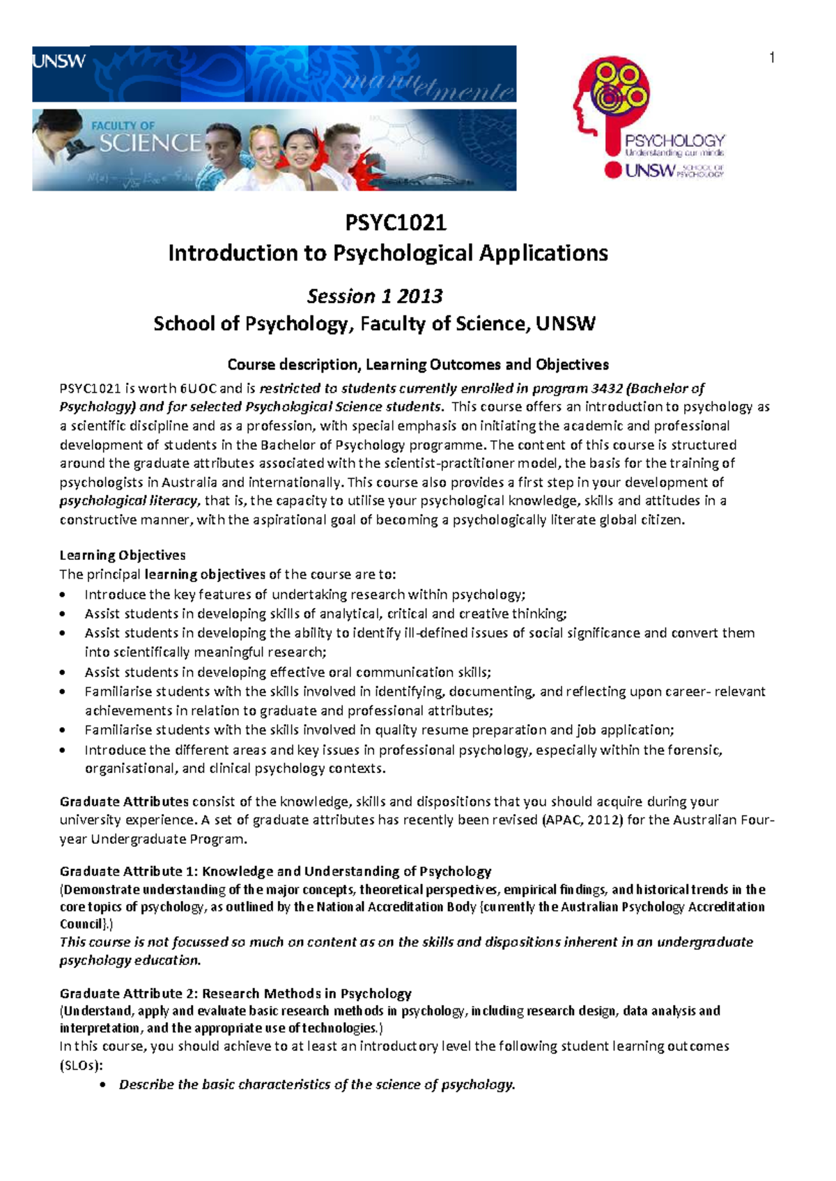 PSYC1021 Course Outline: Introduction to Psychological Applications ...