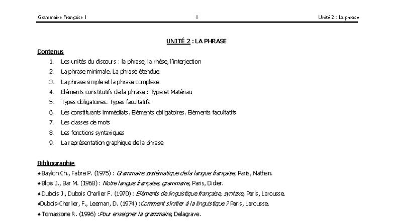 Grammaire Française I - Unité 2 : La Phrase et ses Variétés - Studocu