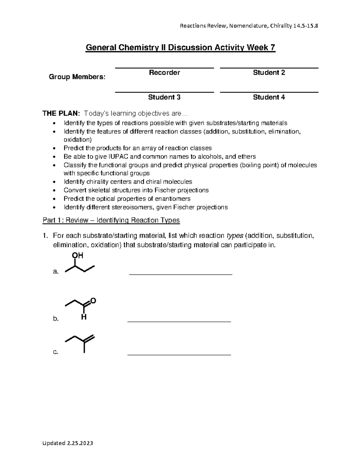 General Chemistry II Discussion: Reactions, Nomenclature & Chirality Activities - Studocu