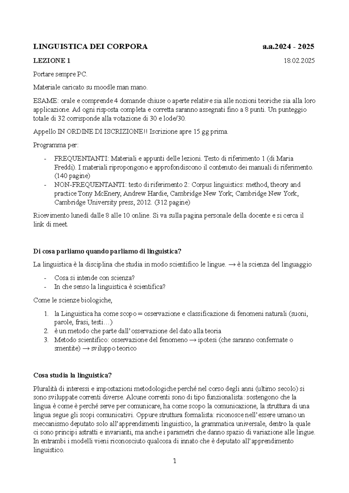 LINGUISTICA DEI CORPORA a.a.2024-2025 LEZIONE 1: Introduzione e Esame ...