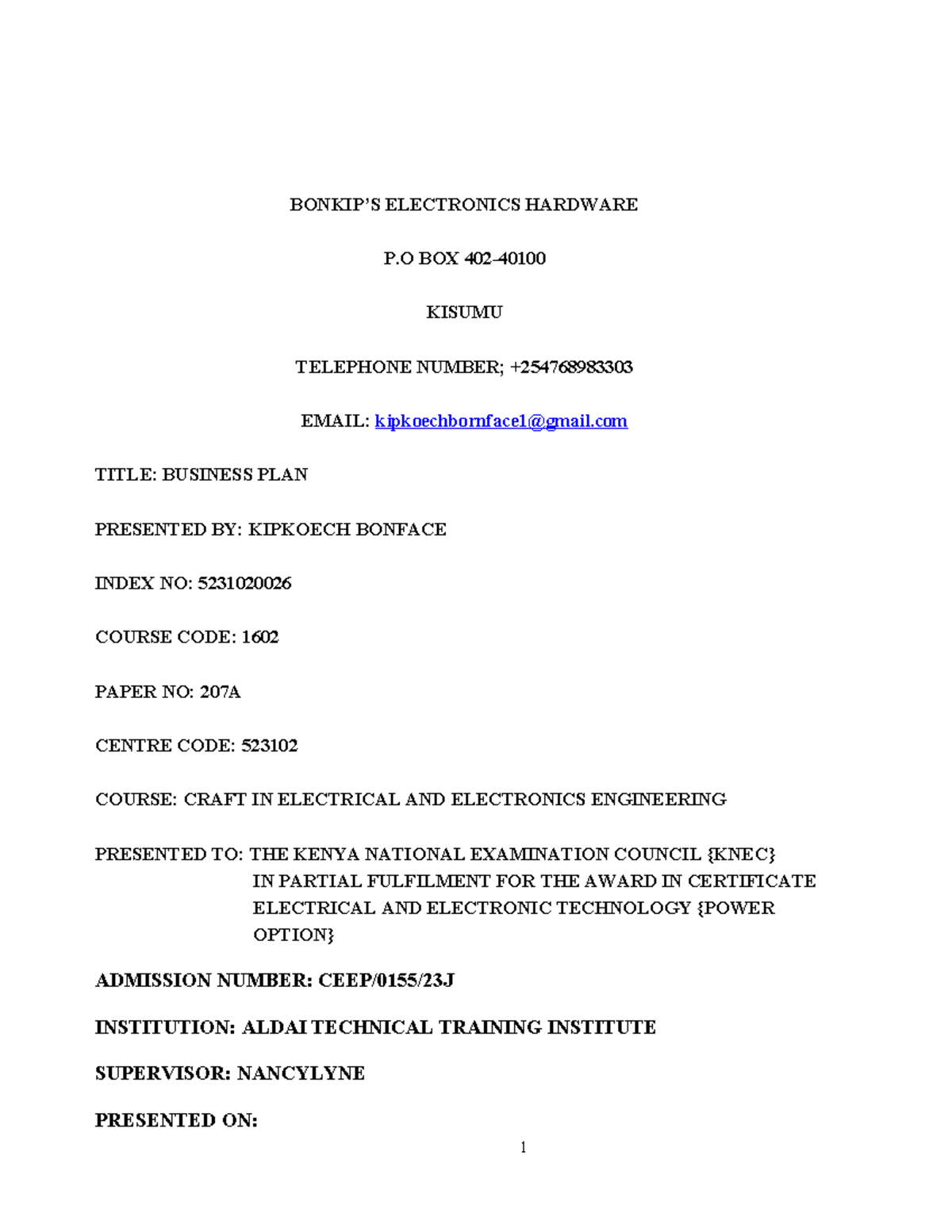 Business Plan for Electronic Hardware (Course Code: 1602) - Studocu